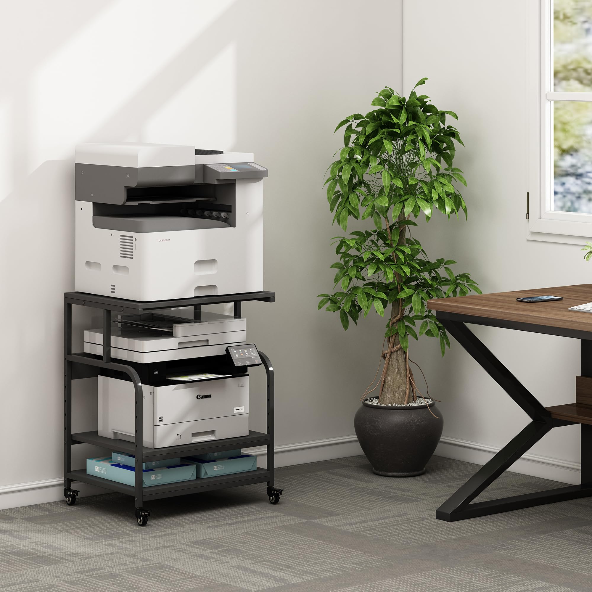Fannova Printer Stand, 23.6 x18.9 x 29.5 Inches Large Printer Table with Adjustable Storage Shelf, 3 Tier Rolling Printer Cart with Wheels for Home Office, Stand for Heat Press Mini Fridge, Black
