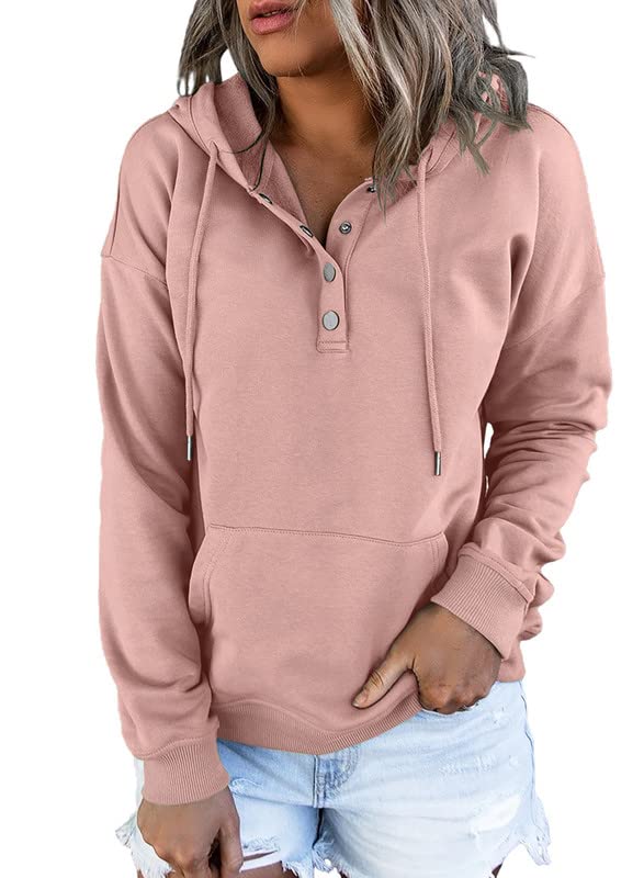 Dokotoo Womens Ladies Winter Sweatshirt for Women Comfy Simple Plain Drawstring Hoodies Front Button Collar Fleece Long Sleeve with Pockets Hooded Pullovers Casual Loose Fit Fall Tops Shirts Large