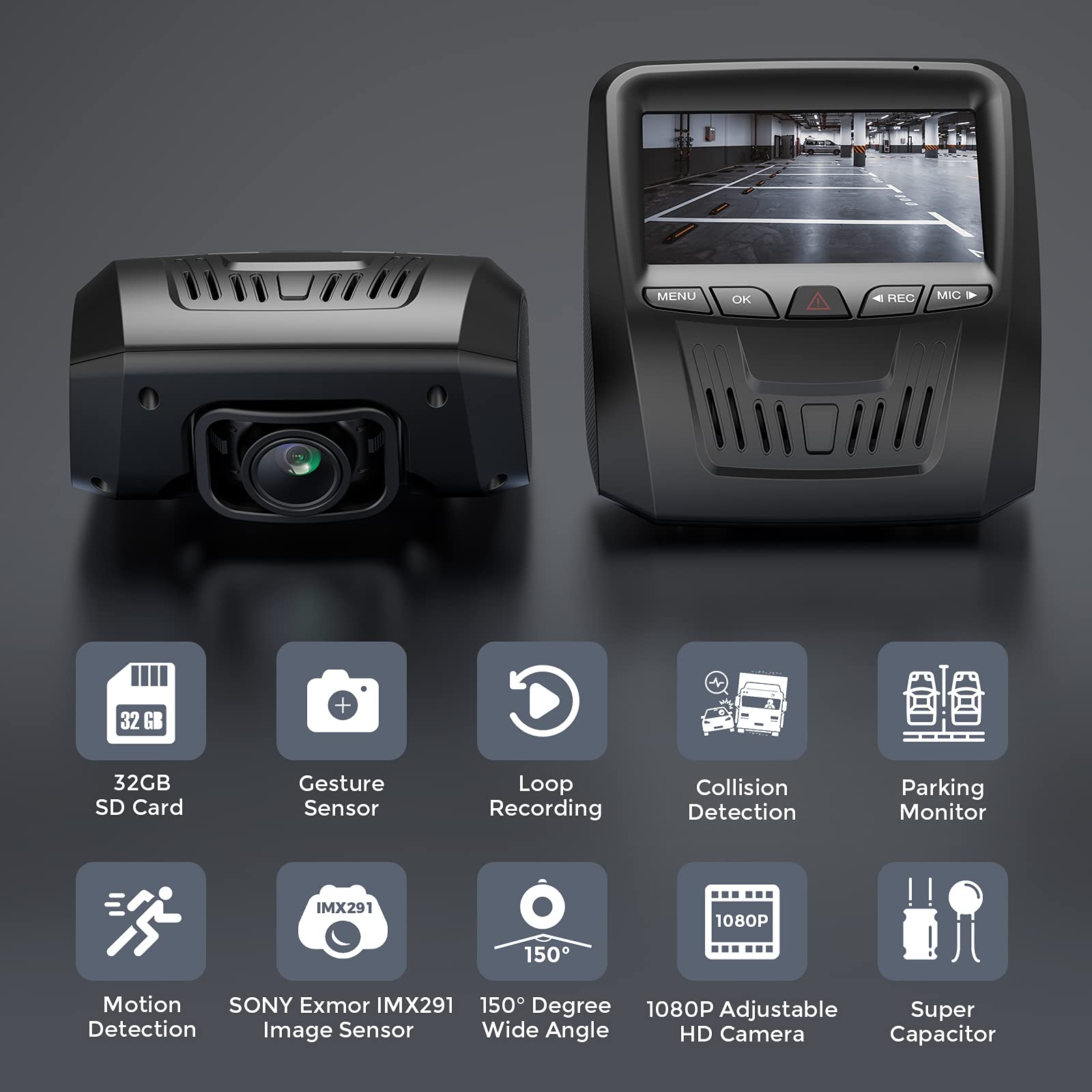 NEZINI Car Dash Cam, Dashboard Camera Recorder with 32GB Memory Card, FHD 1080P, 3" LCD Screen, Driving Recorder with Sony Video Sensor, Parking Mode, 150° Angle, Loop Recording, Night Vision, WDR