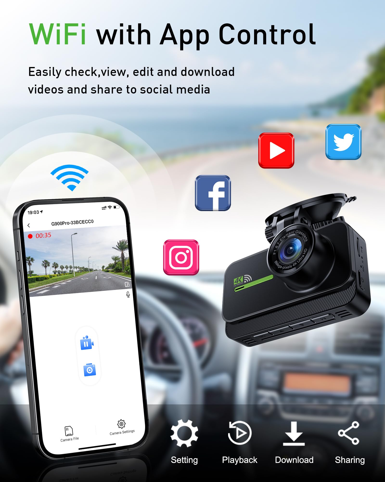GMAIPOP Dash Cam Front and Rear 4K+2K, Dual WiFi Dash Camera for Cars with 64GB Card, 3" IPS dashbord dashcam 24/7 Parking Mode,Night Vision,G-Sensor, Loop Recording,170° Wide Angle