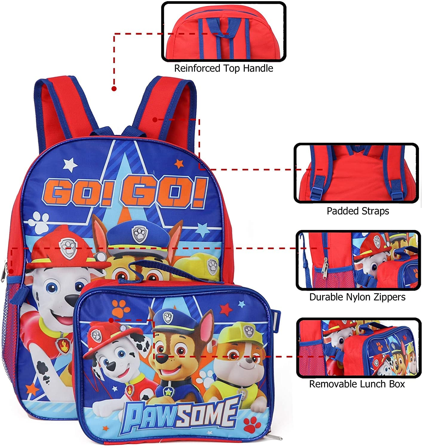 Ruz Paw Patrol Boys 16 Inch Backpack With Removable Matching Lunch Box Set (Red-Blue)