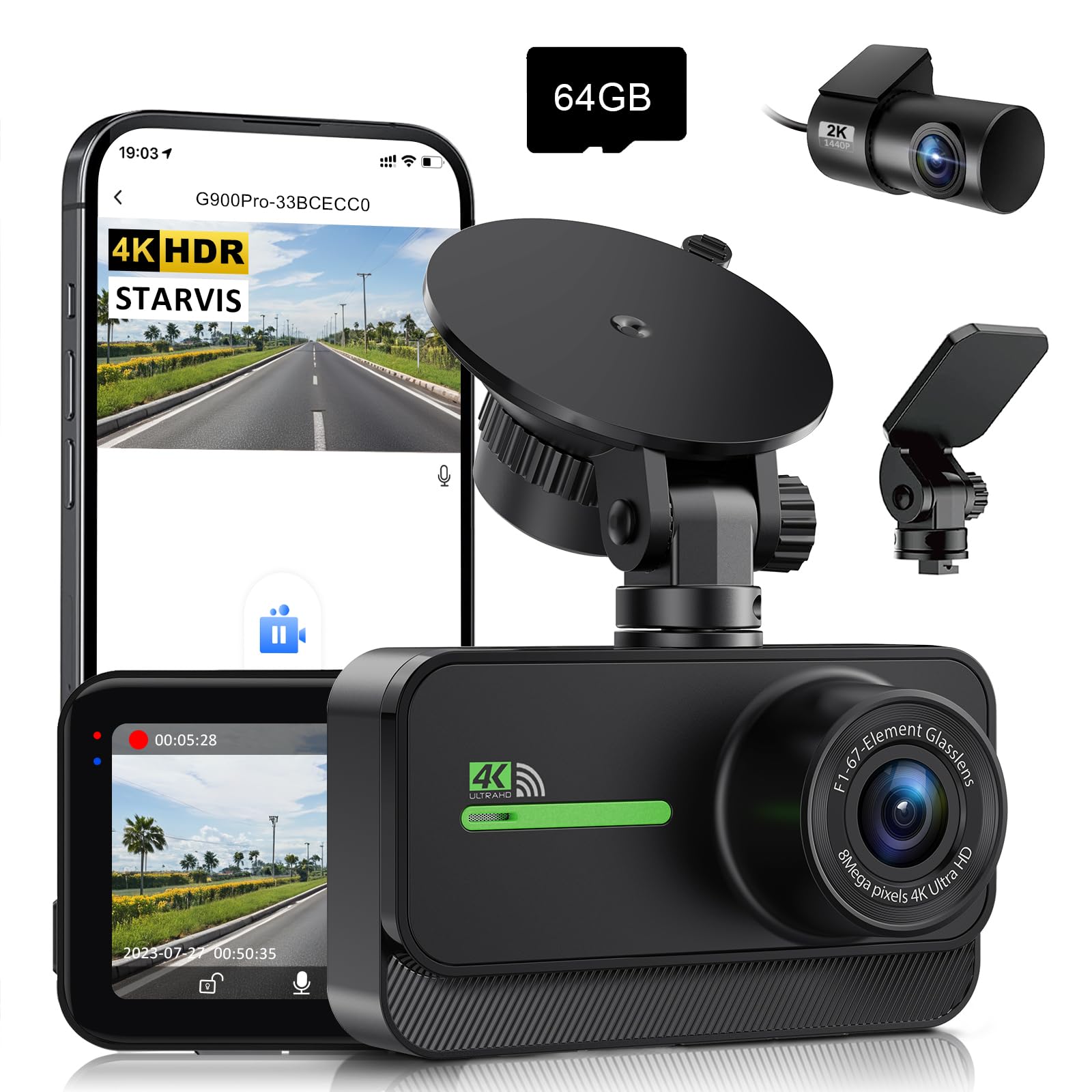 GMAIPOP Dash Cam Front and Rear 4K+2K, Dual WiFi Dash Camera for Cars with 64GB Card, 3" IPS dashbord dashcam 24/7 Parking Mode,Night Vision,G-Sensor, Loop Recording,170° Wide Angle
