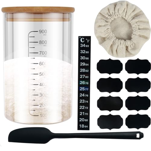 Ghojet 7Pcs Sourdough Starter Jar Kit with Scale 900ml Reusable Sourdough Starter Container with Bamboo Lid Multipurpose Wide Mouth Glass Sourdough Fermentation Jar for Sourdough Baking(Combination)