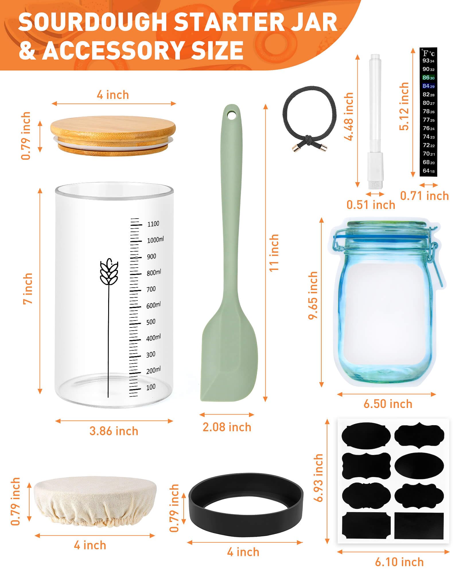 Dangyuxia Sourdough Starter Jar Kit 39 oz Sourdough Starter Jar Sourdough Starter Kit with Thermometer, Sourdough Jar Silicone Spatula, Cloth Cover & Bamboo Lid, for Sourdough Bread Baking Supplie