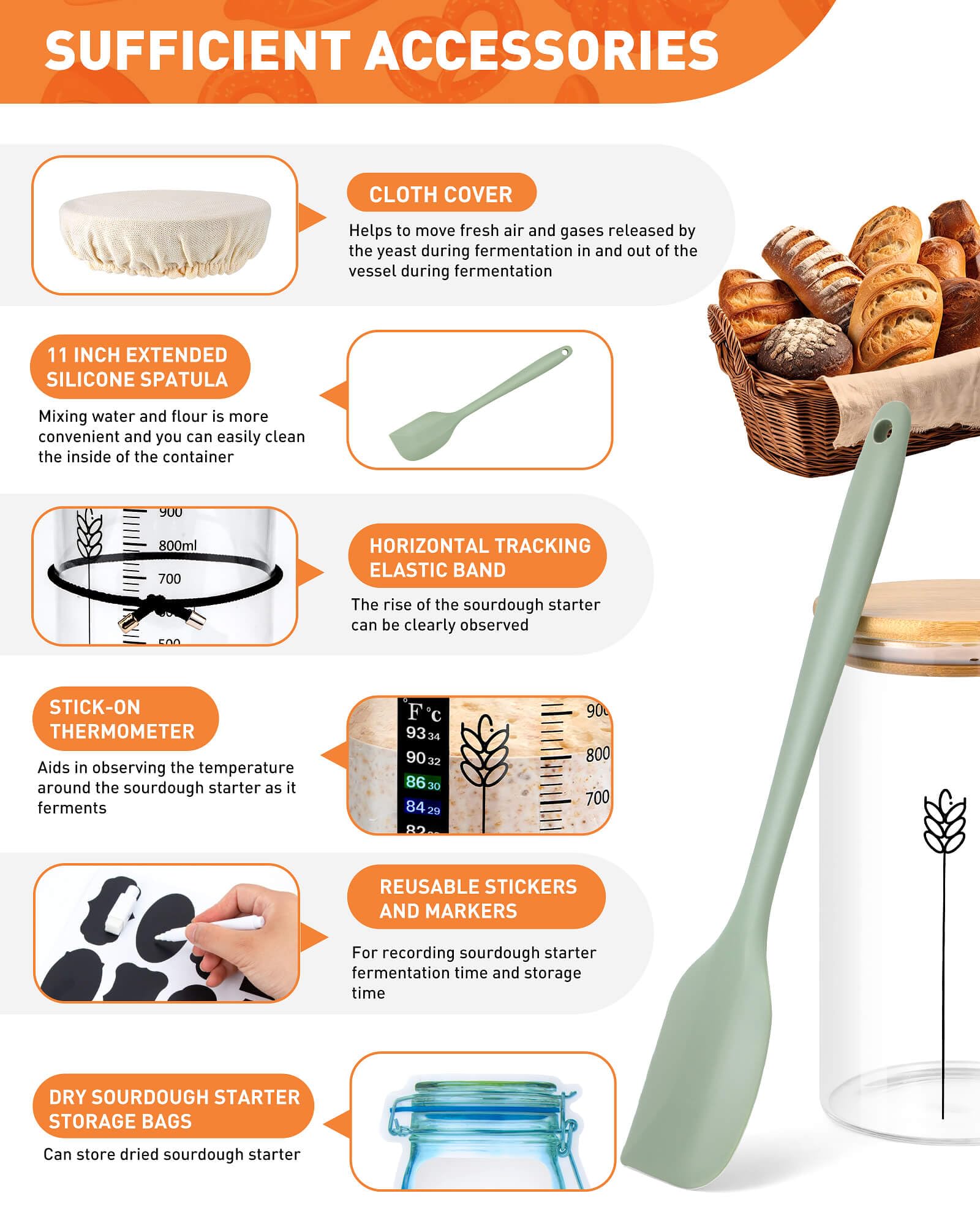 Dangyuxia Sourdough Starter Jar Kit 39 oz Sourdough Starter Jar Sourdough Starter Kit with Thermometer, Sourdough Jar Silicone Spatula, Cloth Cover & Bamboo Lid, for Sourdough Bread Baking Supplie