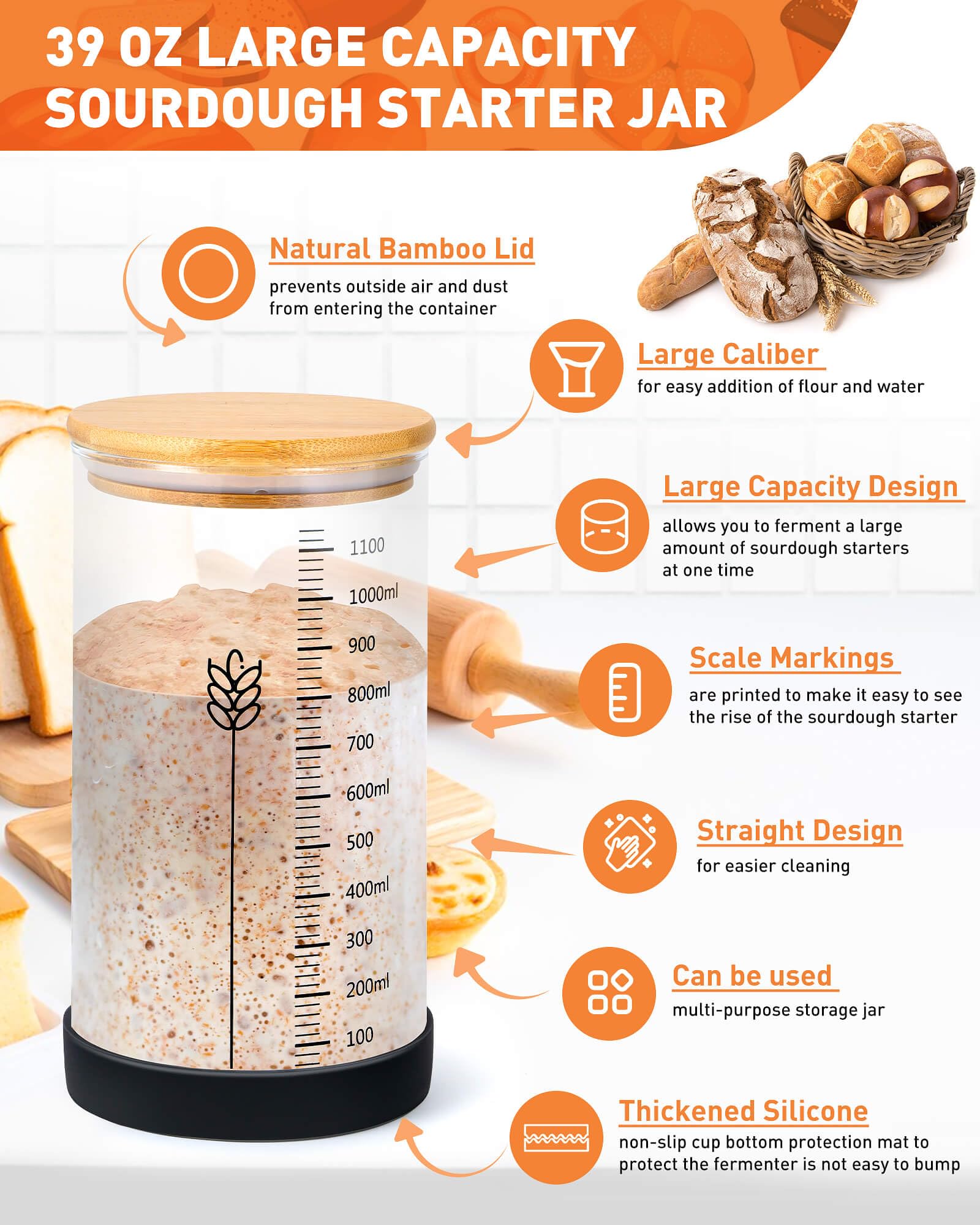 Dangyuxia Sourdough Starter Jar Kit 39 oz Sourdough Starter Jar Sourdough Starter Kit with Thermometer, Sourdough Jar Silicone Spatula, Cloth Cover & Bamboo Lid, for Sourdough Bread Baking Supplie