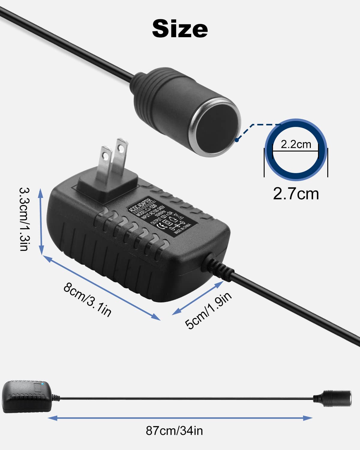 12V DC Power Supply 2A 24W 120V AC to DC Converter 12V Power Adapter with Car Cigarette Lighter Socket Adapter for Car MP3 MP4 Player Fan Dash Cam Shaver etc.