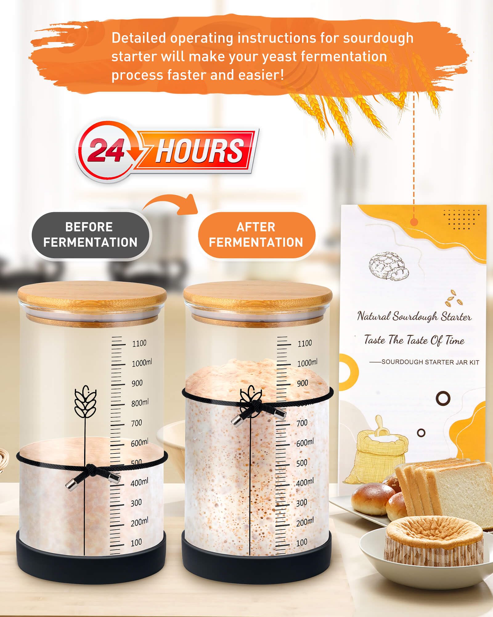 Dangyuxia Sourdough Starter Jar Kit 39 oz Sourdough Starter Jar Sourdough Starter Kit with Thermometer, Sourdough Jar Silicone Spatula, Cloth Cover & Bamboo Lid, for Sourdough Bread Baking Supplie