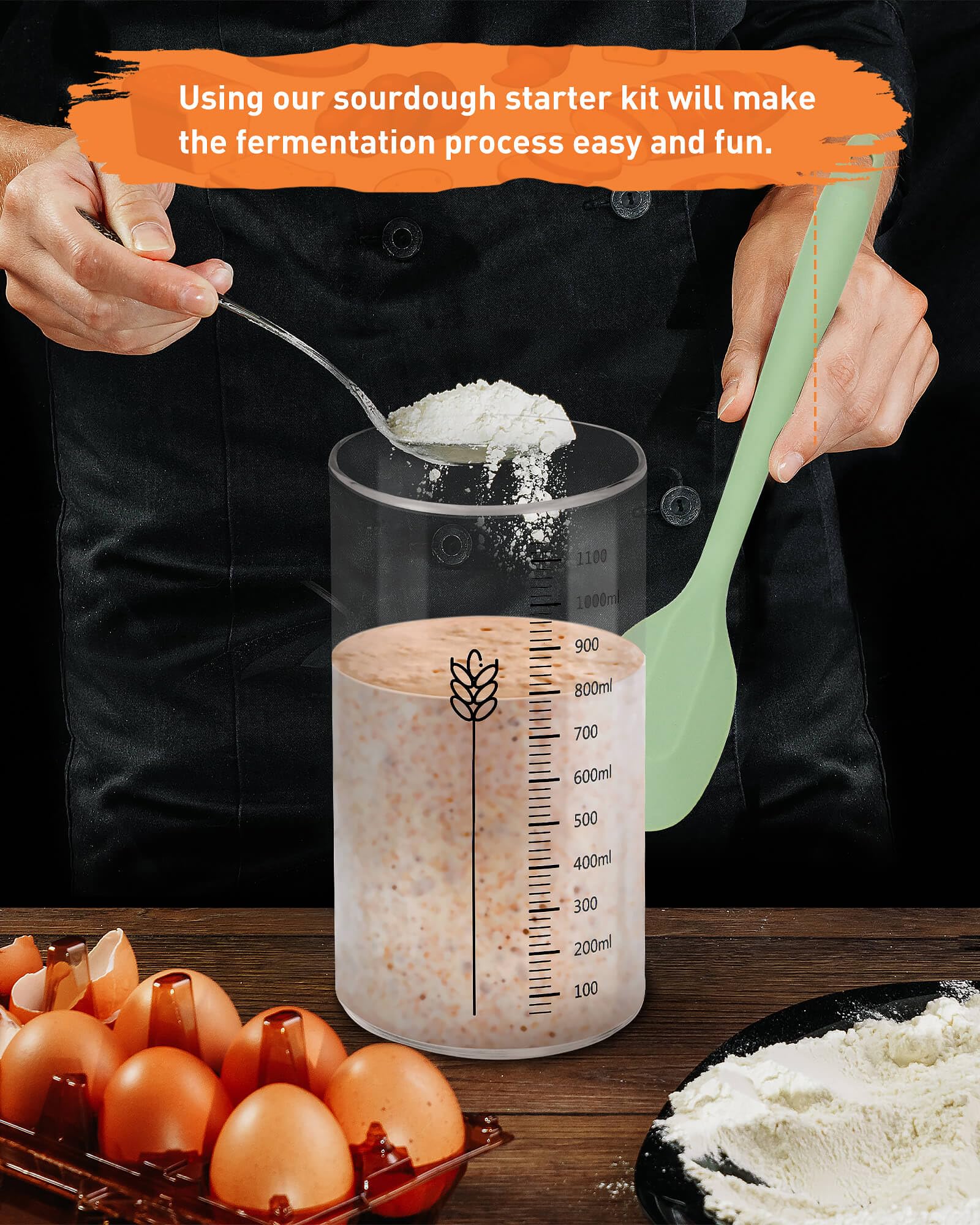 Dangyuxia Sourdough Starter Jar Kit 39 oz Sourdough Starter Jar Sourdough Starter Kit with Thermometer, Sourdough Jar Silicone Spatula, Cloth Cover & Bamboo Lid, for Sourdough Bread Baking Supplie