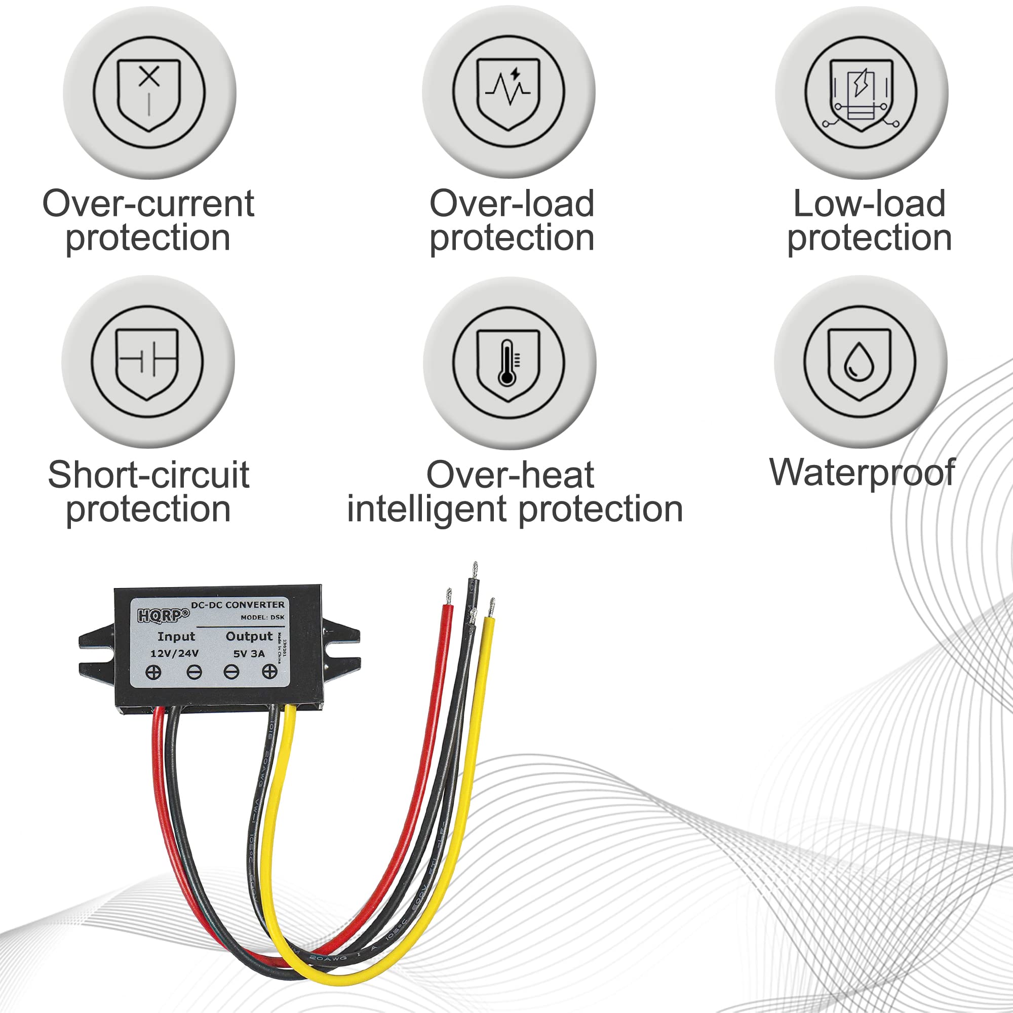 HQRP DC-DC Step Down Converter 12/24V to 5V 3A 15W with Open Wire Connector Power Supply Adapter Compatible with Car Radio, Dash cam, GPS Navigation Waterproof Voltage Regulator