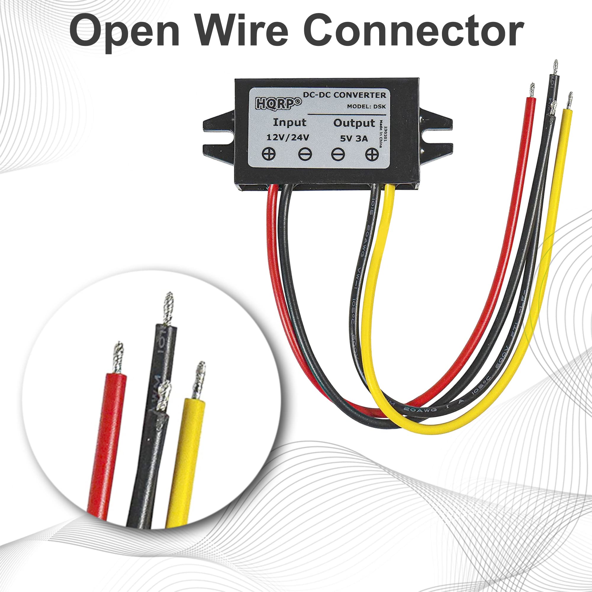 HQRP DC-DC Step Down Converter 12/24V to 5V 3A 15W with Open Wire Connector Power Supply Adapter Compatible with Car Radio, Dash cam, GPS Navigation Waterproof Voltage Regulator