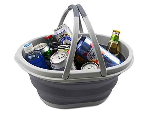 SAMMART 11L (2.9 Gallon) Collapsible Tub with Handle - Portable Outdoor Picnic Basket/Crater - Foldable Shopping Bag - Space Saving Storage Container (Grey/Dark Grey, 1)
