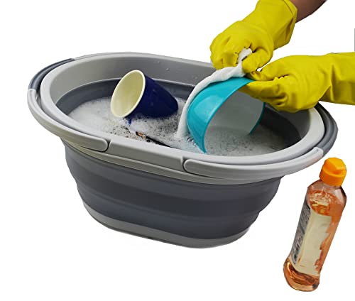SAMMART 11L (2.9 Gallon) Collapsible Tub with Handle - Portable Outdoor Picnic Basket/Crater - Foldable Shopping Bag - Space Saving Storage Container (Grey/Dark Grey, 1)