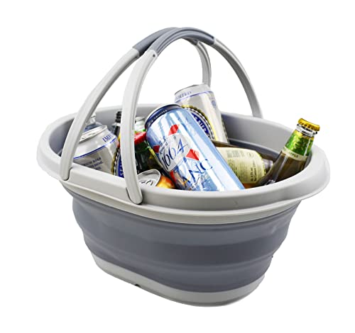 SAMMART 11L (2.9 Gallon) Collapsible Tub with Handle - Portable Outdoor Picnic Basket/Crater - Foldable Shopping Bag - Space Saving Storage Container (Grey/Dark Grey, 1)