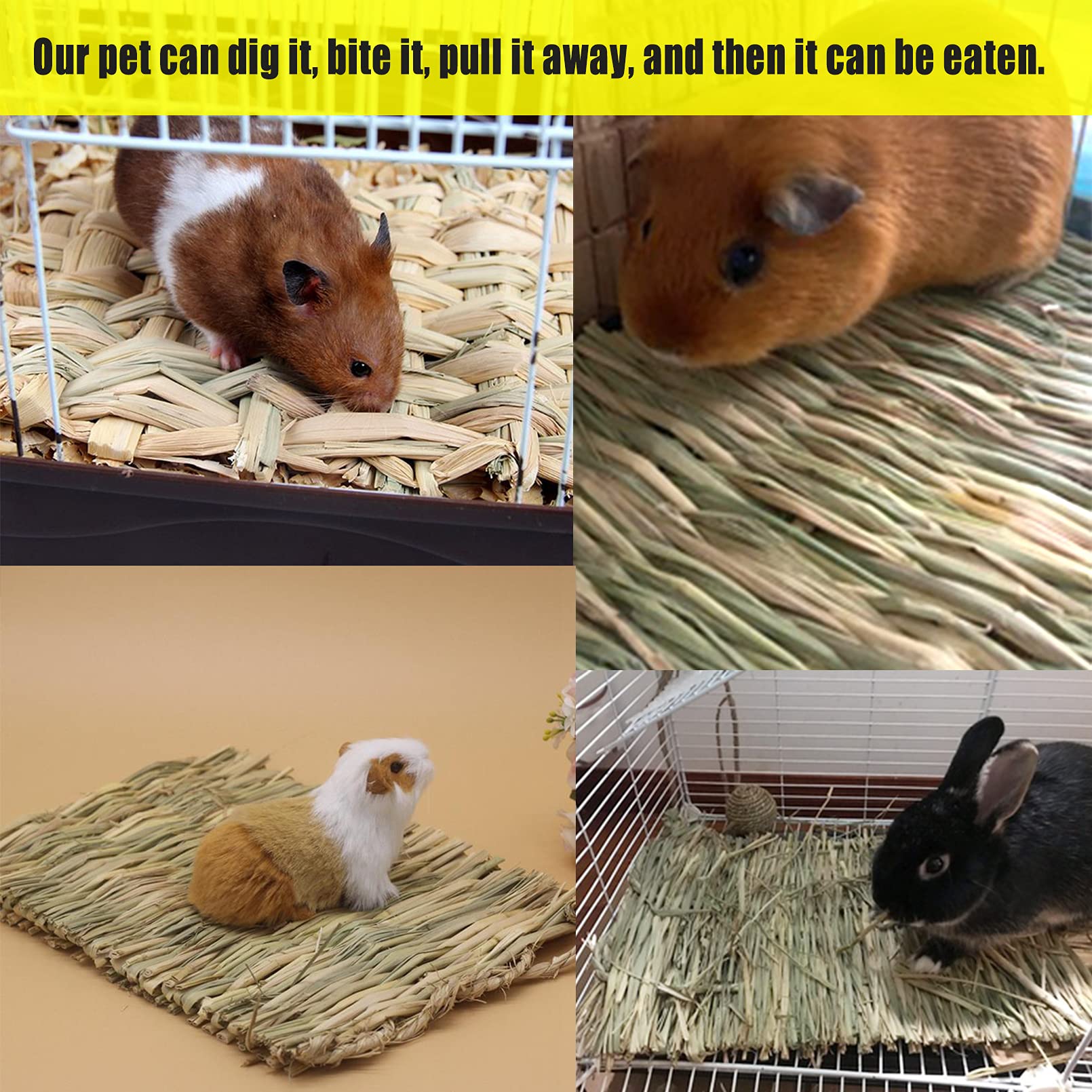 Hamiledyi 18 Pack Bunny Grass Woven Bed Mat Natural Straw Hay Mats Rabbit Handmade Bedding Sleeping Grinding Nesting and Chewing Toy for Guinea Pig Hamster Chinchilla Squirrel Hedgehog