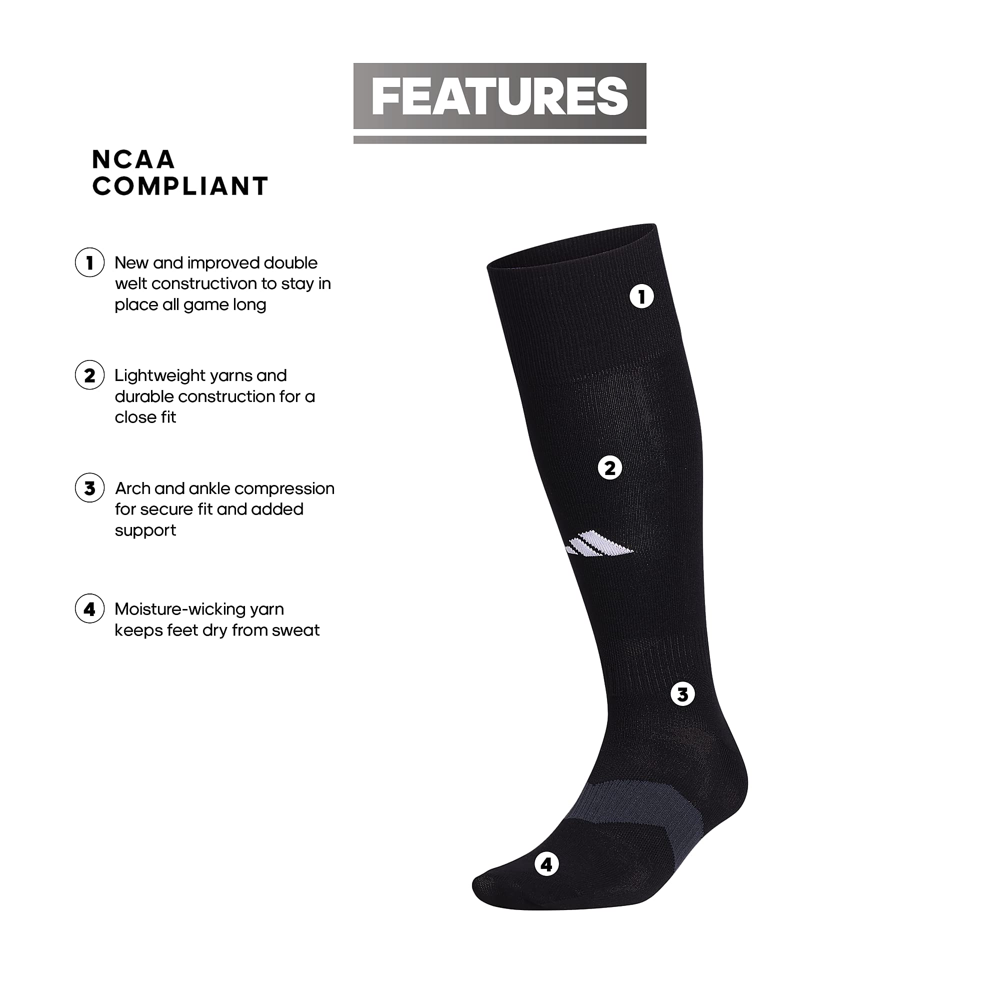adidas Metro Soccer (1 Pair) Long Over The Calf Team Sports Socks, Black/Night Grey/White/6, Small