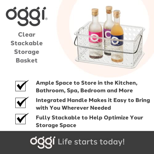 Oggi Clear Stacking Storage Basket with Handle, Large-14"x9"x5"