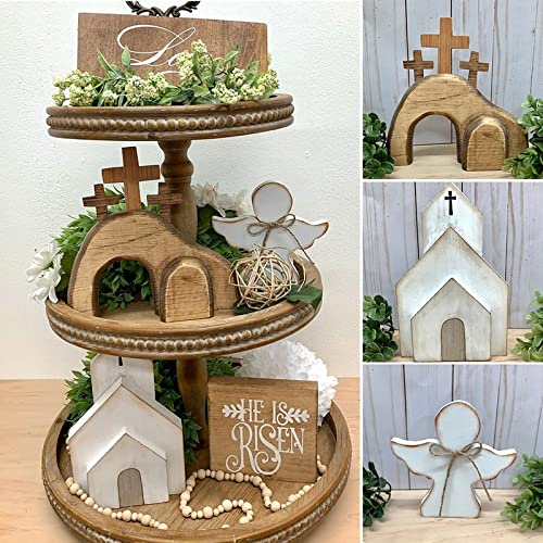 Jesus Tomb Easter Tray Bundle Kit, Wooden Easter Jesus Sign Tiered Tray Decorations, He is Risen Easter Tiered Tray Decor Farmhouse Rustic Tiered Tray Items, Easter Decor for Home Office (Set of 4)