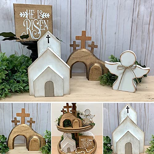 Jesus Tomb Easter Tray Bundle Kit, Wooden Easter Jesus Sign Tiered Tray Decorations, He is Risen Easter Tiered Tray Decor Farmhouse Rustic Tiered Tray Items, Easter Decor for Home Office (Set of 4)