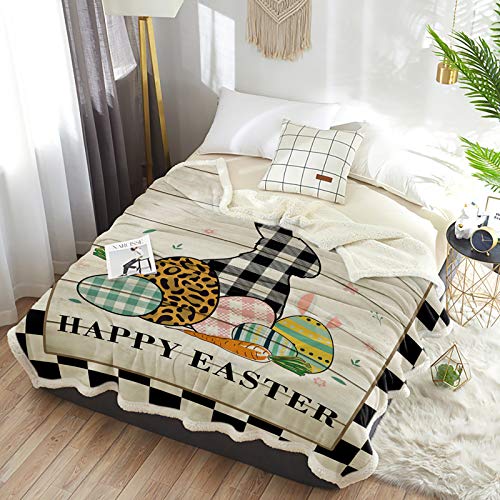 Easter Buffalo Bunny Throw Blanket for Couch,Leopard Egg Fuzzy Fluffy Super Soft Furry Plush,Black Check Farm Plank Comfy Thick Sherpa Throws and Blankets for Sofa Bed Decor