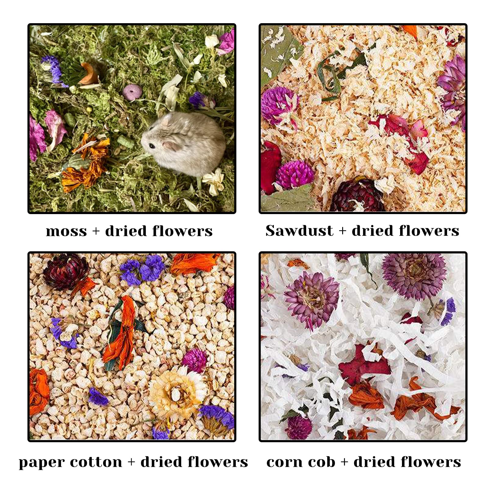 Hamster Bedding, Natural Soft Dried Flowers Bedding, Small Pet Litter Habitat Mat Edible Treat for Guinea Pigs Rabbits Gerbils Rats Squirrels Chinchillas (Dried Flowers)