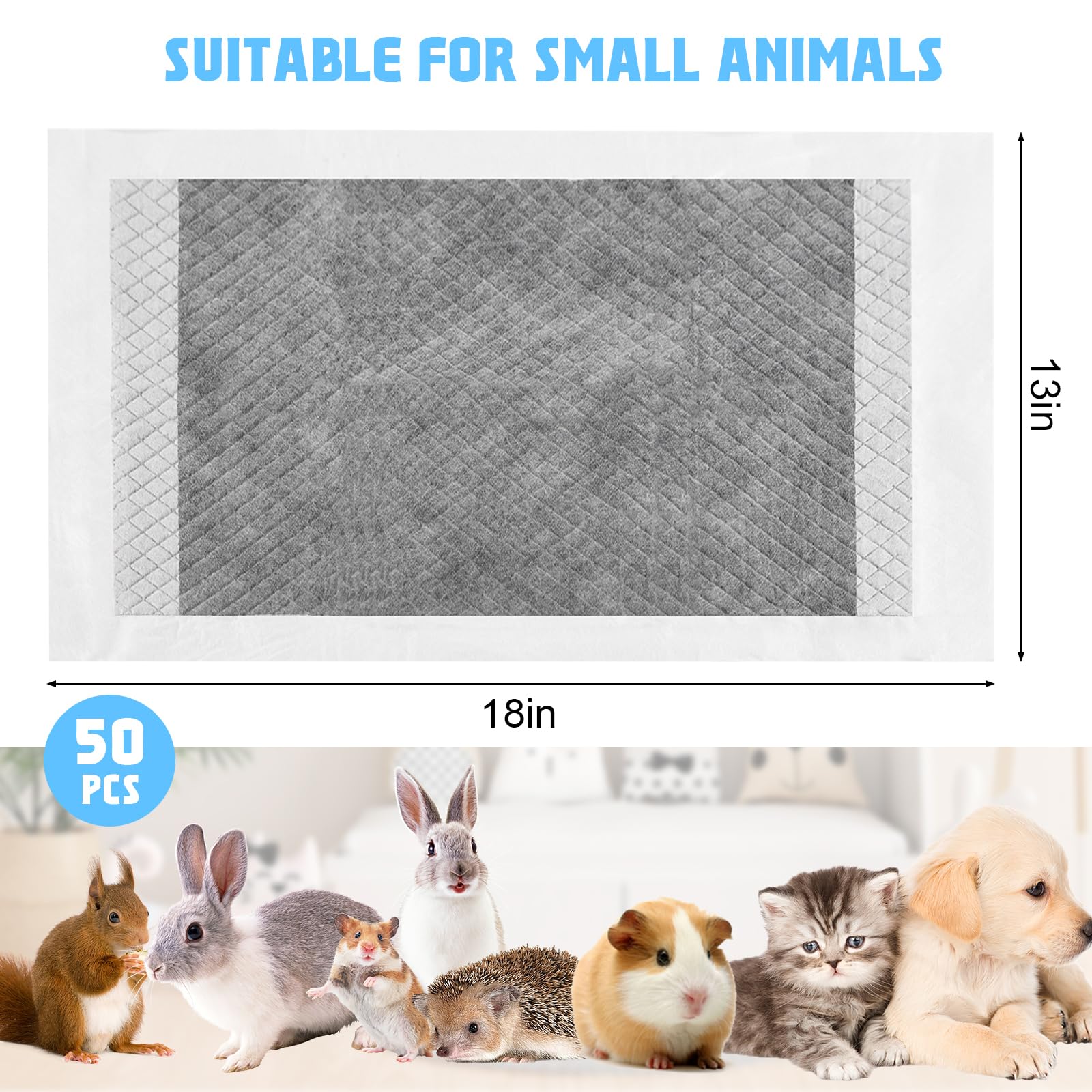 OHCCYML Disposable Guinea Pig Cage Liners,50PCS Thickened Guinea Pig Pee Pads Super Absorbent Charcoal Odor Controlling Cage Bedding Liners for Small Animals Rabbit Cat Puppy Hamster(18" x 13")