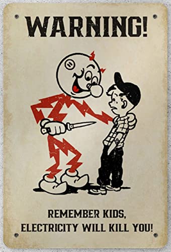 Xiddxu Remember Kids Electricity Will Kill You Warning Vintage Metal Tin Sign Retro Iron Painting Tin Signs Plaque Poster for Home Coffee Man Cave Garage Pub Wall Decor 8x12 Inch…