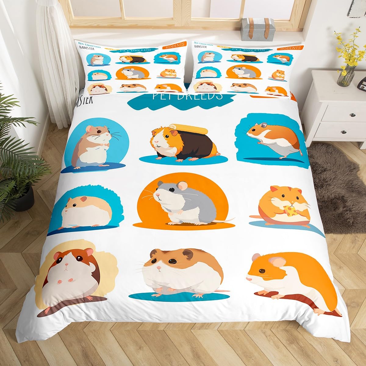 Feelyou Cute Hamster Bedding Set for Girls Boys Children Cartoon Pet Animal Comforter Cover Decorative Lovely Rodent Duvet Cover Pet Mouse Pattern Bedspread Cover Twin Size 2Pcs Bedclothes