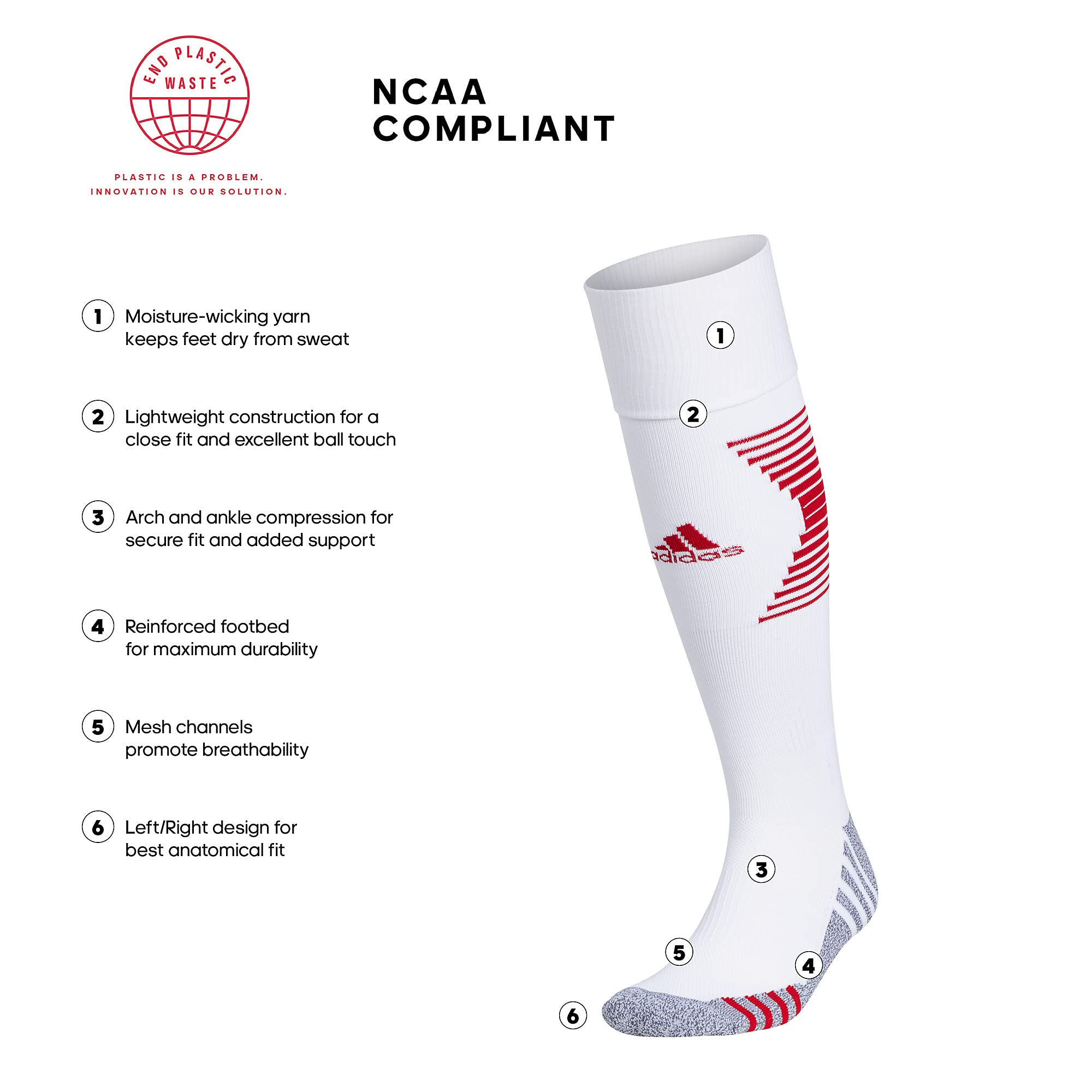 adidas Speed 3 Soccer Socks (1 Pair), White/Team Power Red, Large