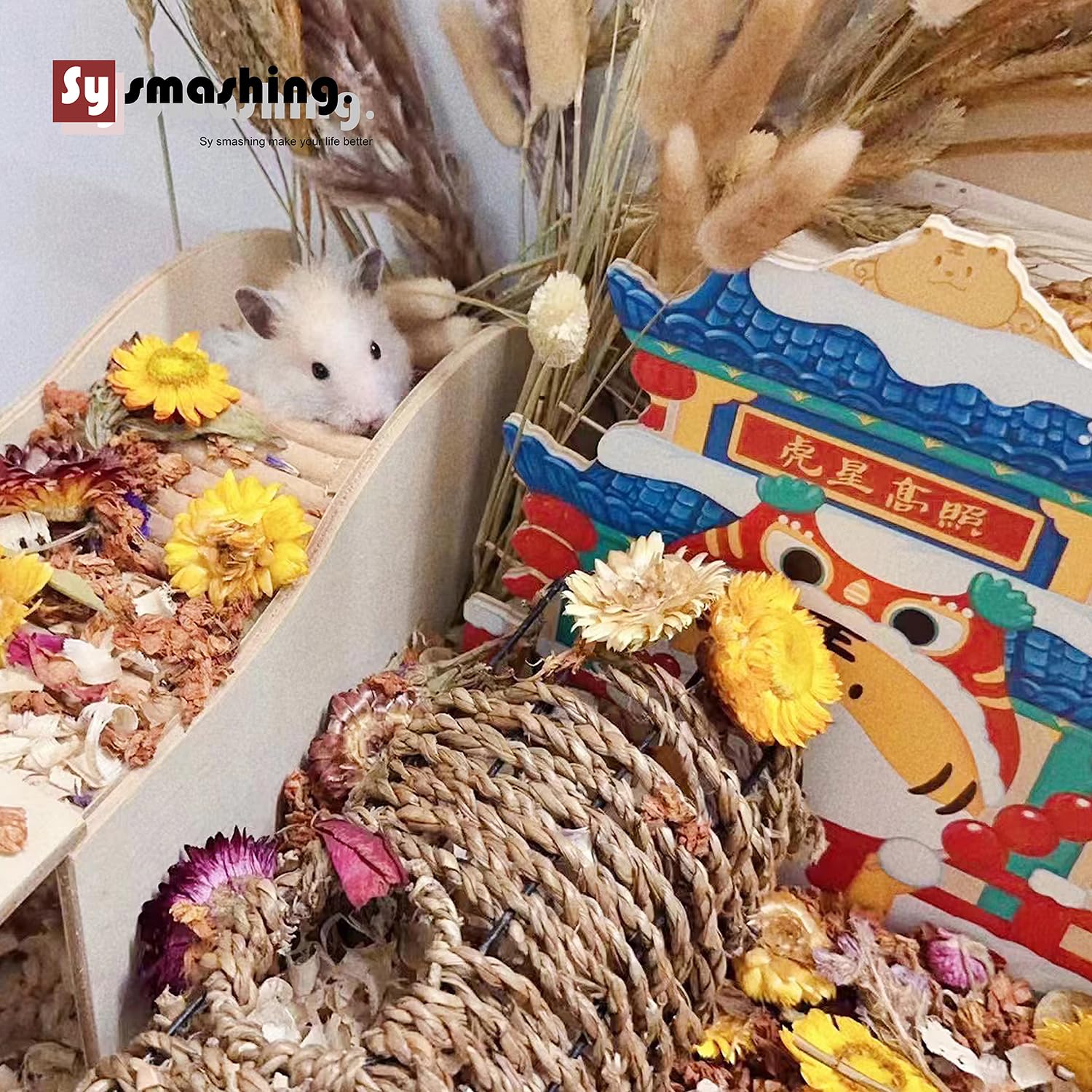 Sysmashing Hamster Bedding, Natural Hamster Bedding, Flowers and Cereals, Enclosure Decoration for House cage Habitat, for Gerbils Mouse Rat Lemming Degus Guinea Pig,Small Animal Bedding Pets