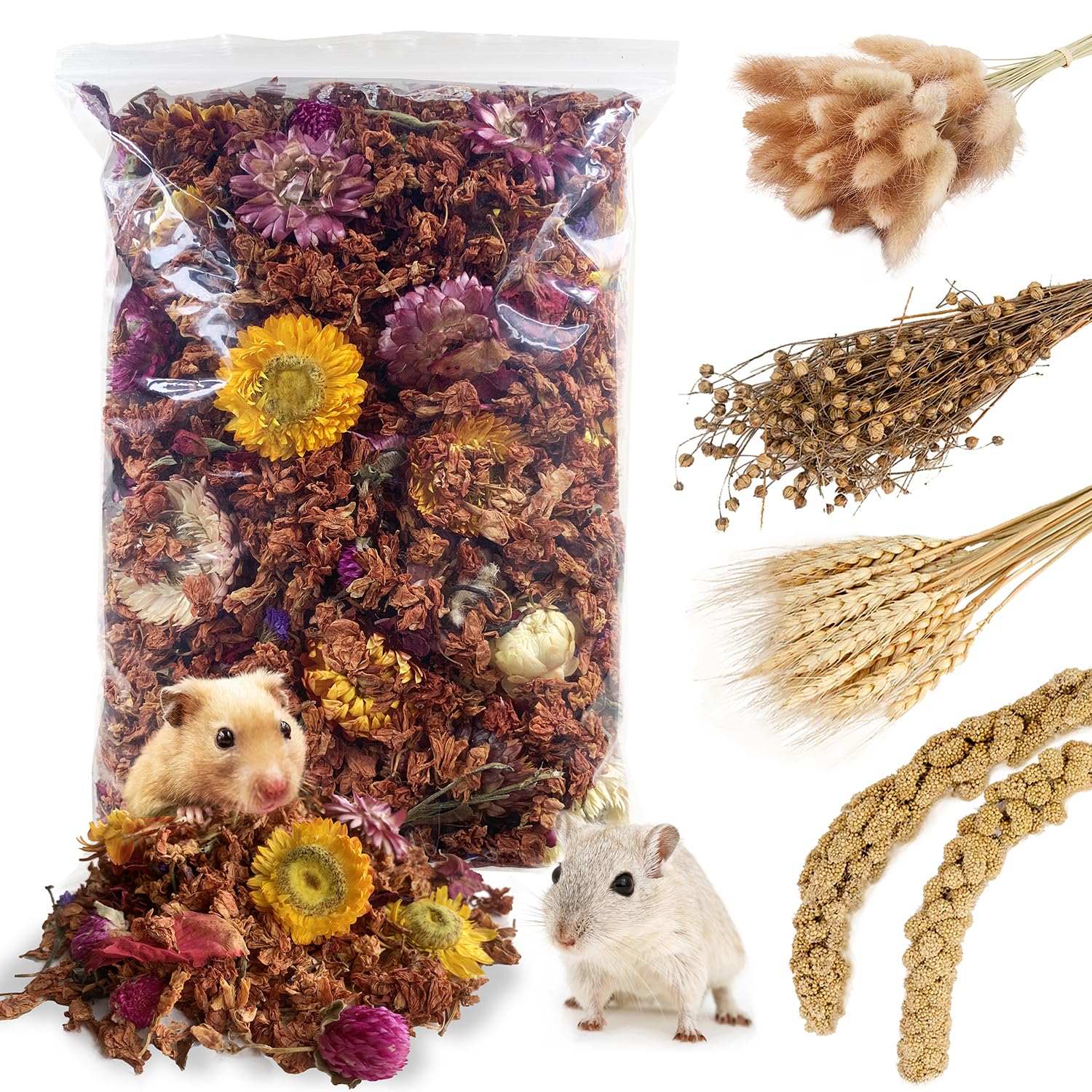 Sysmashing Hamster Bedding, Natural Hamster Bedding, Flowers and Cereals, Enclosure Decoration for House cage Habitat, for Gerbils Mouse Rat Lemming Degus Guinea Pig,Small Animal Bedding Pets