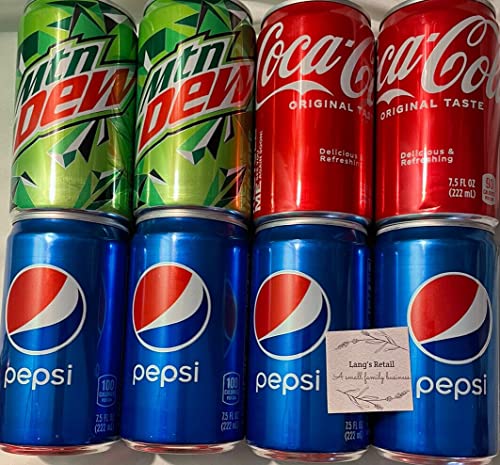 Pepsi Mini Cans, Coca Cola Mini Cans, and Mountain Dew Mini Cans, 8 Mini Cans Variety, Bundled with Langs Recipe Card, Coke Mini Cans, Mini Can Soda, Mini Cans Cola, Pepsi Small Cans, Mini Cans Pepsi, Mini Cans Mountain Dew, 7.5oz Mini Cans,