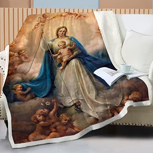 Bedmust Blue Virgin Angel Throw Blanket Virgin Maria Authentic Catholic Blankets Mother Blanket Blankets Queen Size (90x90 inches)