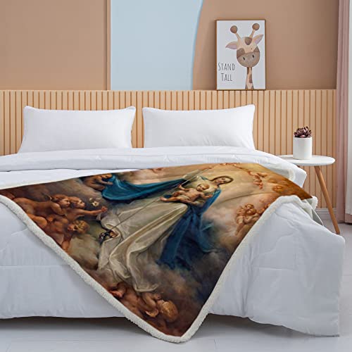Bedmust Blue Virgin Angel Throw Blanket Virgin Maria Authentic Catholic Blankets Mother Blanket Blankets Queen Size (90x90 inches)