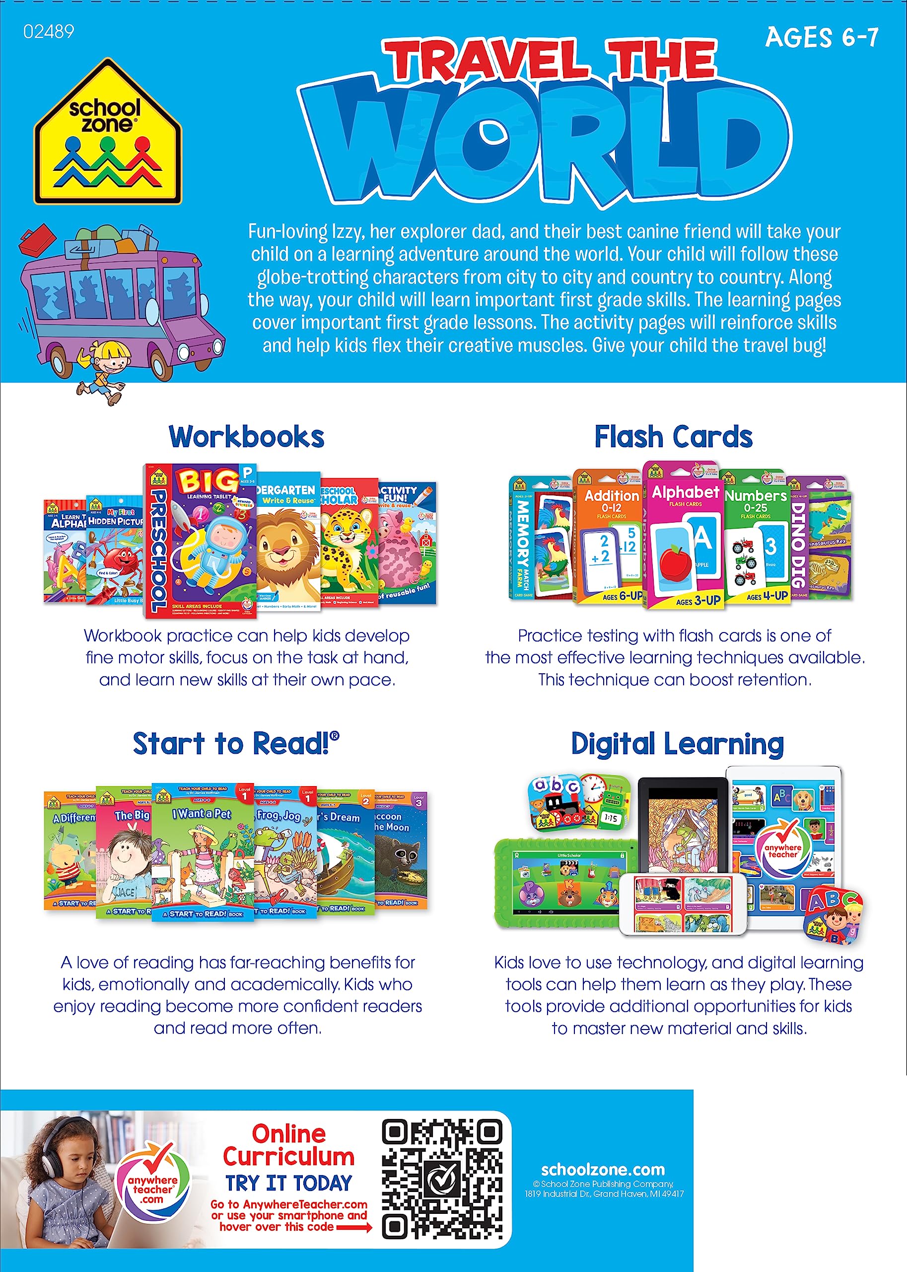 School Zone - Travel the World 1st Grade Learning Workbook - 240 Pages, Ages 6 to 7, Stickers, Beginning and Ending Letters, Geography, Culture, and More (Easy-Tear Top Bound Pad) (Learning Tablets)