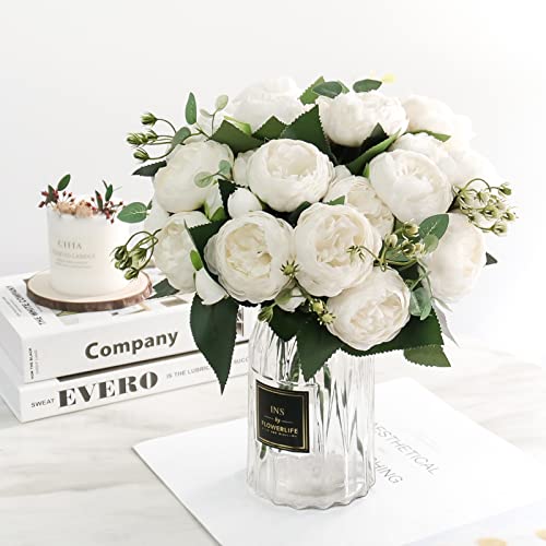 DEEMEI Artificial Peonies Flower Silk Peony Bouquet 4 Bundles Faux Persian Rose with Eucalyptus Leaves for Home Wedding Party Decoration (White)