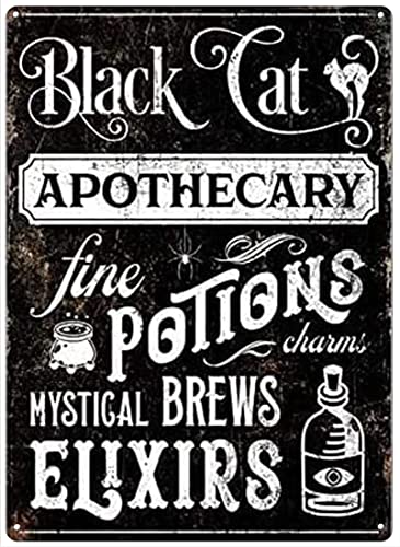 Curteny Tin Sign Vintage Wall Poster Retro Metal Black Cat Apothecary Fine Potions & Elixirs Holiday Wall Poster Plaque for Home Kitchen Bar Coffee Shop 8x12 Inch