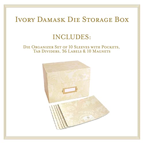 Anna Griffin Die Storage Box - Ivory Damask - 9" x 6.5" x 7" Elegant Box Set & Magnetic Storage of Craft Dies - Die Organizer Set of 10 Sleeves with Pockets, Tab Dividers, 36 Labels & 10 Magnets