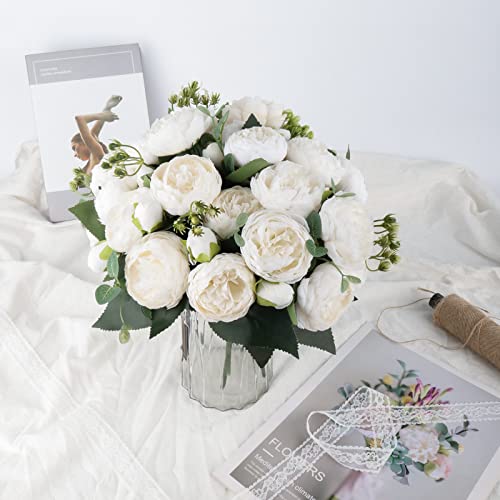 DEEMEI Artificial Peonies Flower Silk Peony Bouquet 4 Bundles Faux Persian Rose with Eucalyptus Leaves for Home Wedding Party Decoration (White)