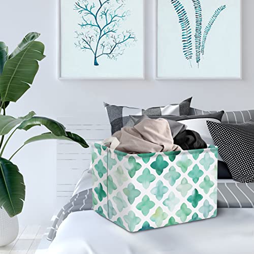 Clastyle Collapsible Green St Patricks Clover Storage Baskets Rectangle Shamrocks Leaf Storage Bin for Bedroom, 15.7 * 11.8 * 11.8 in