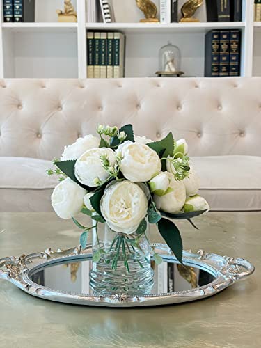 DEEMEI Artificial Peonies Flower Silk Peony Bouquet 4 Bundles Faux Persian Rose with Eucalyptus Leaves for Home Wedding Party Decoration (White)