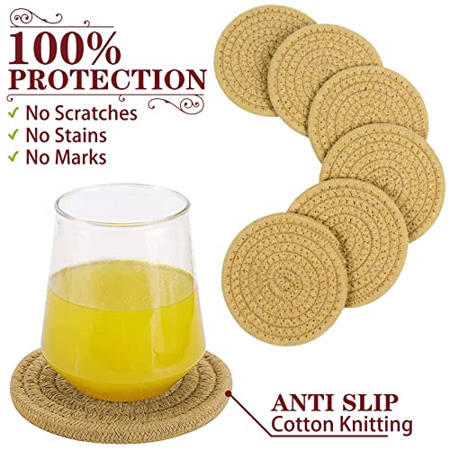 Casaphoria Cotton Woven Coasters for Drinks Absorbent,Round Heat-Resistant Cotton Coasters for Coffee Table,Handmade Braided Fabric Insulated Coasters,Home Decor Gifts(Brown,6Pcs,4.3inch)