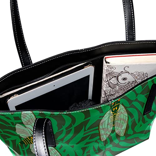 Large Leather Handbags for Women Cicada Insect with Green Forest Leaves Background Top Handle Shoulder Satchel Hobo Bag
