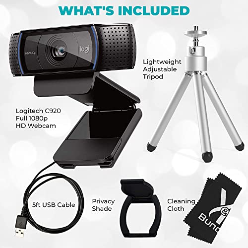 Logitech Webcam C920 HD Pro Bundle with Tripod, Privacy Shutter & Cleaning Cloth - Privacy Cover Computer Webcam Microphone - 1080p Streaming Wide Angle Video Camera - 1080P Desktop Web Camera