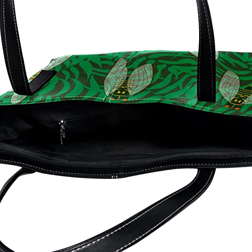 Large Leather Handbags for Women Cicada Insect with Green Forest Leaves Background Top Handle Shoulder Satchel Hobo Bag