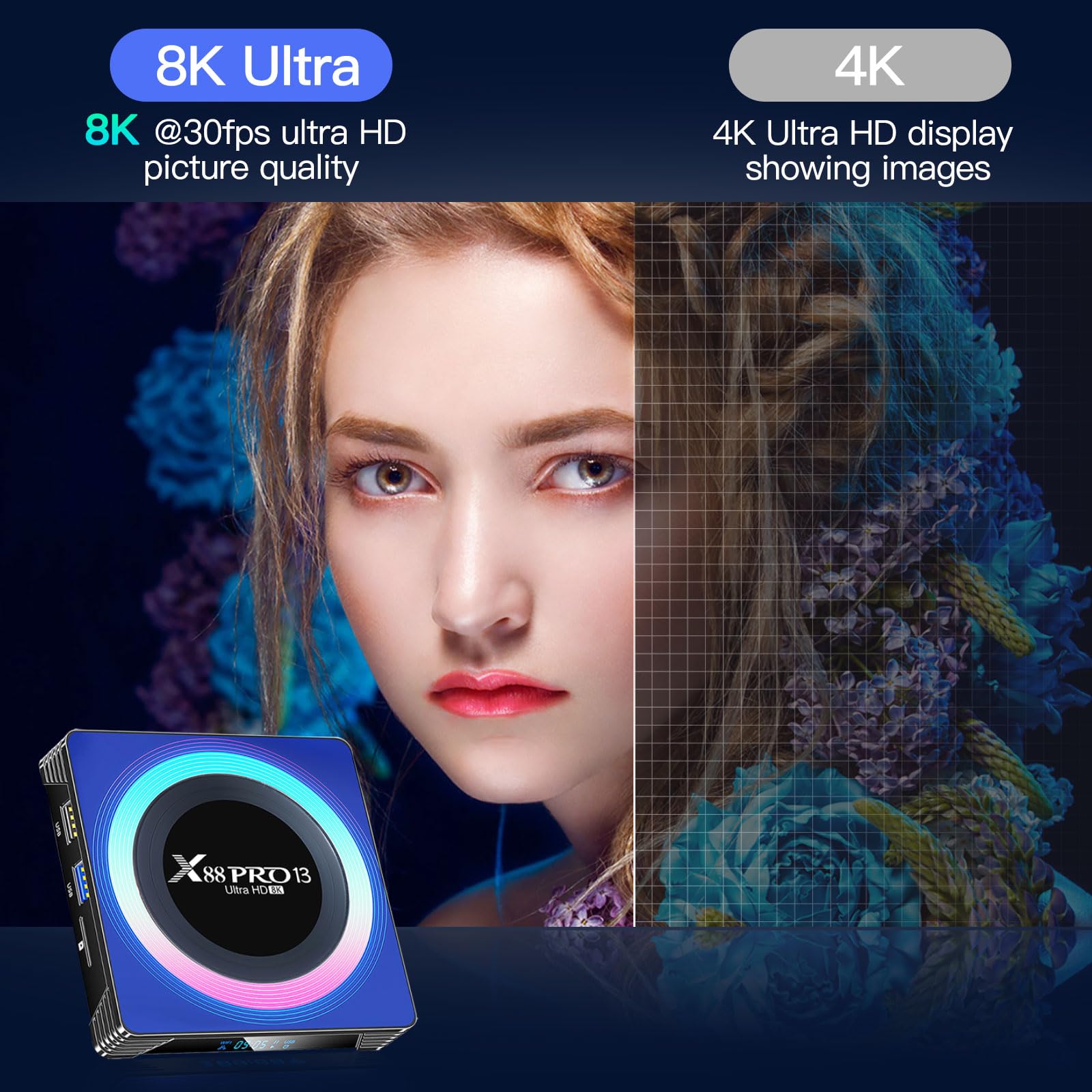 Android 13.0 TV Box 4GB 32GB X88 Pro 13 Android TV Box 2024 RK3528 8K Smart TV Box with WiFi 6 2.4G/5.8G USB 3.0 BT 5.0 HDR 10+ with Mini Backlit Keyboard