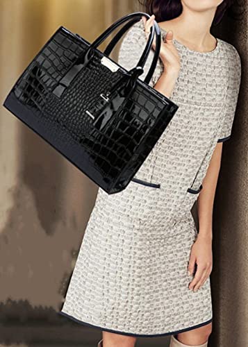 GJGJTER Top-handle Handbags Purse Women Crocodile Pattern Satchel Pu Leather Shoulder Bag Tote-Black