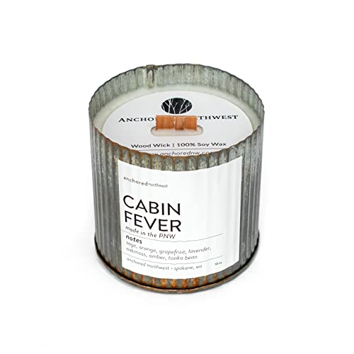 Anchored Northwest - Cabin Fever Scented Rustic Vintage Candle, 10oz Corrugated Metal Tin, American Cedar Wood Wick, Hand Poured, Essential Oil Blend 100% Soy Wax, 60 Hour Burn