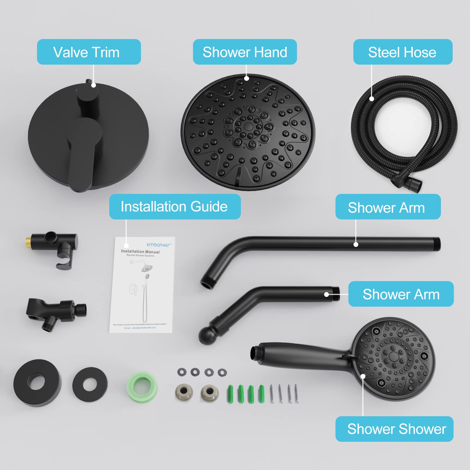 EMBATHER Black Shower Faucets Sets - Overhead Rain Head Shower System with 8-Mode High Pressure Handheld Complete Combo and Mixer Valve Trim Kit - 3-Way Rainfall Shower Fixture for Luxury Bathroom