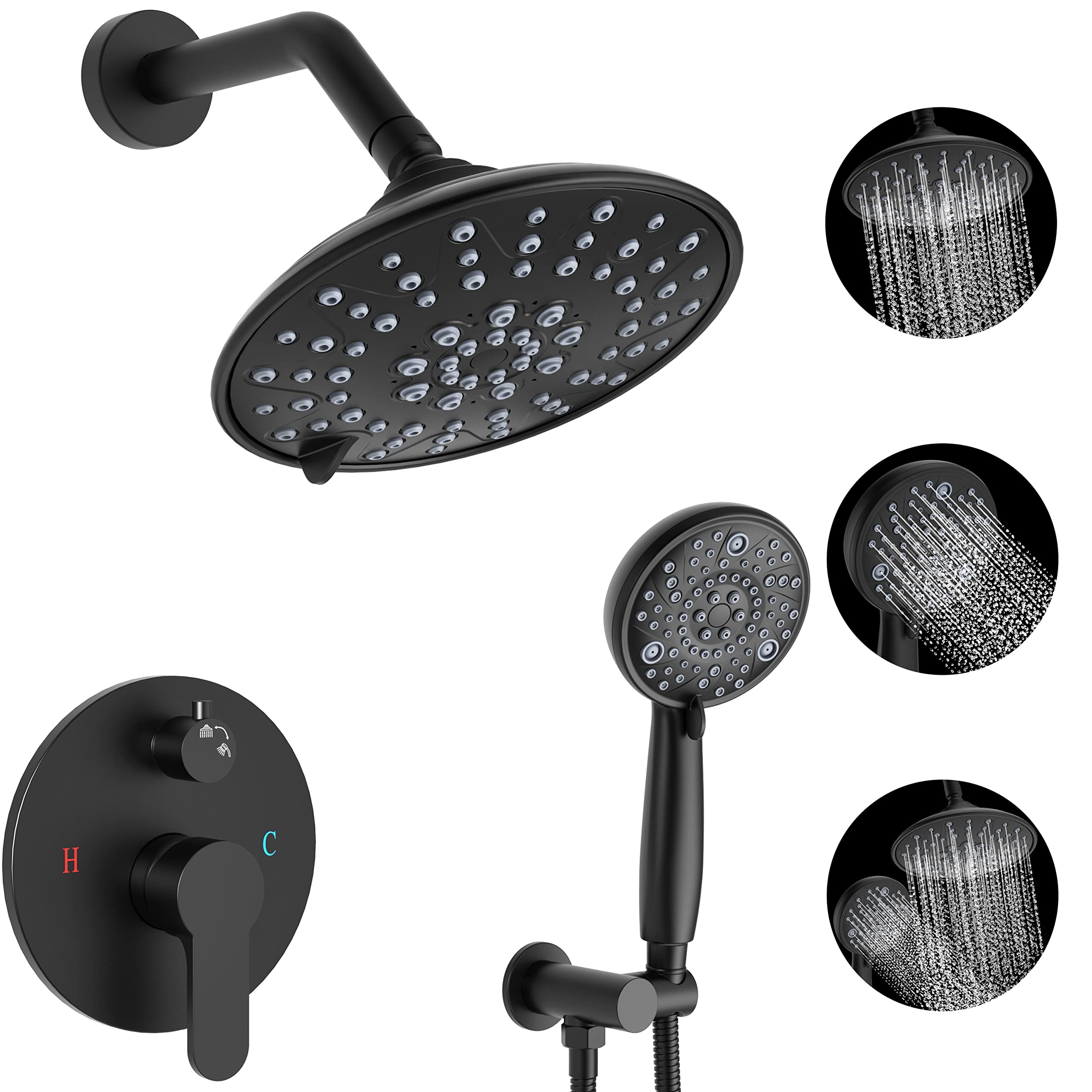 EMBATHER Black Shower Faucets Sets - Overhead Rain Head Shower System with 8-Mode High Pressure Handheld Complete Combo and Mixer Valve Trim Kit - 3-Way Rainfall Shower Fixture for Luxury Bathroom
